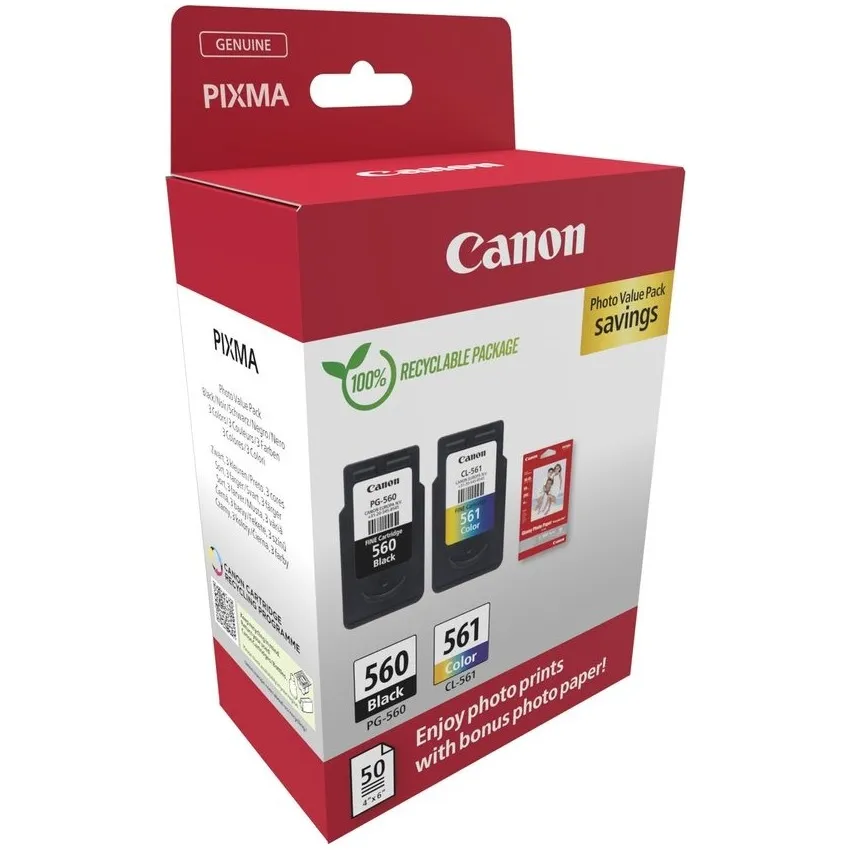 Canon PG-560 + CL-561 Cartridges + GP-501 Fotopapier Multi-color Inkt ...