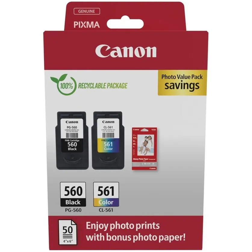 Canon PG-560 + CL-561 Cartridges + GP-501 Fotopapier Multi-color Inkt ...